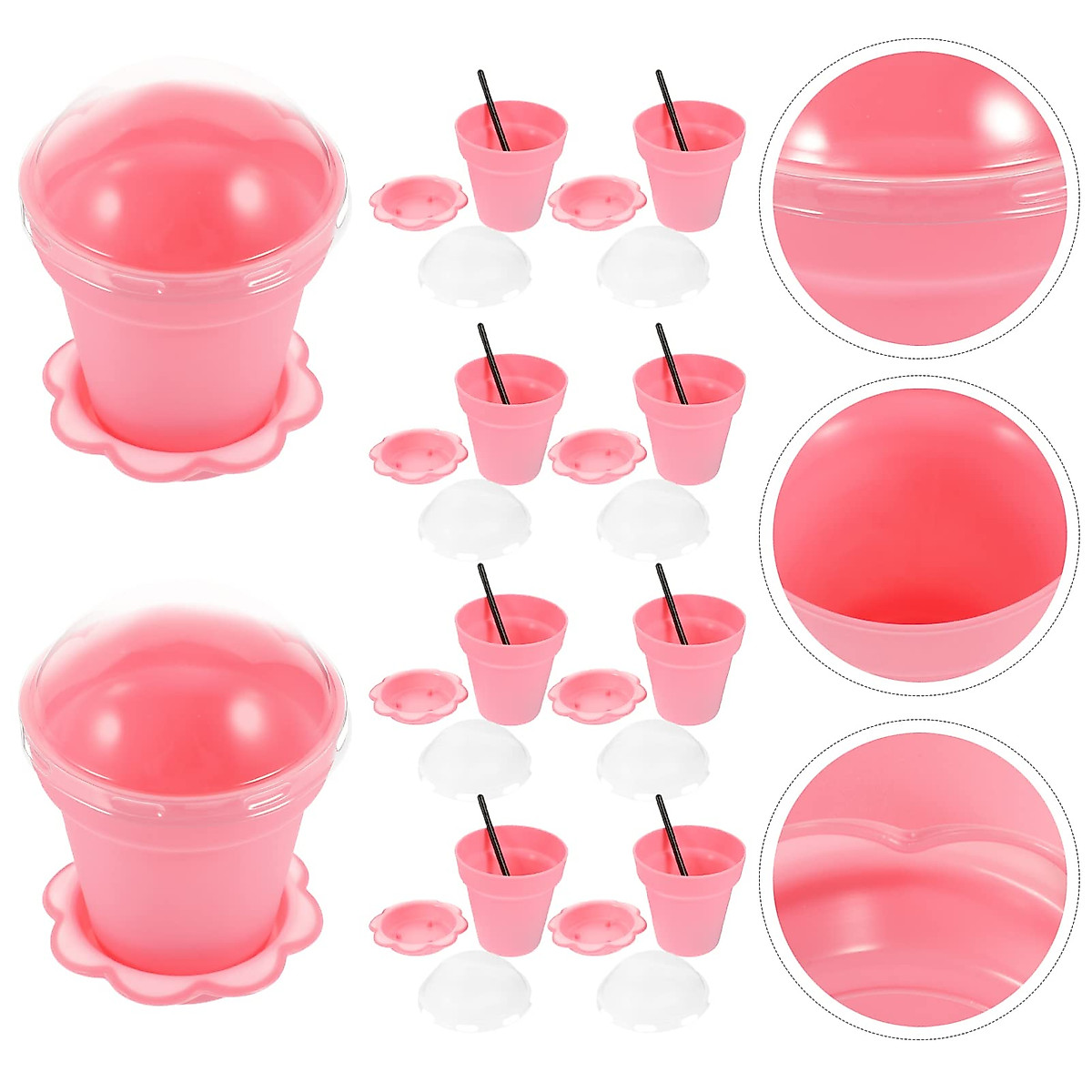 Kichvoe Flower Pot Dessert Cups 25 Sets Novelty Ice Cream Cups with Dome Lids Shovel Spoon for Appetizer Mousse Parfait Yogurt Pink