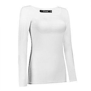OThread & Co. Women's Long Sleeve T-Shirt Scoop Neck Basic Layer Stretchy Shirts (Medium, White)