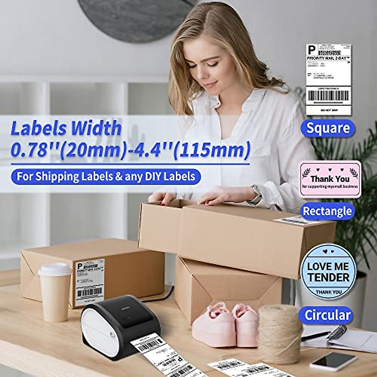 Phomemo D520 Label Printer with 1 Circle Label Roll, Shipping Thermal Printer D520 4x6 Label Printer for Barcode, Mailing, Address Labels, Postage