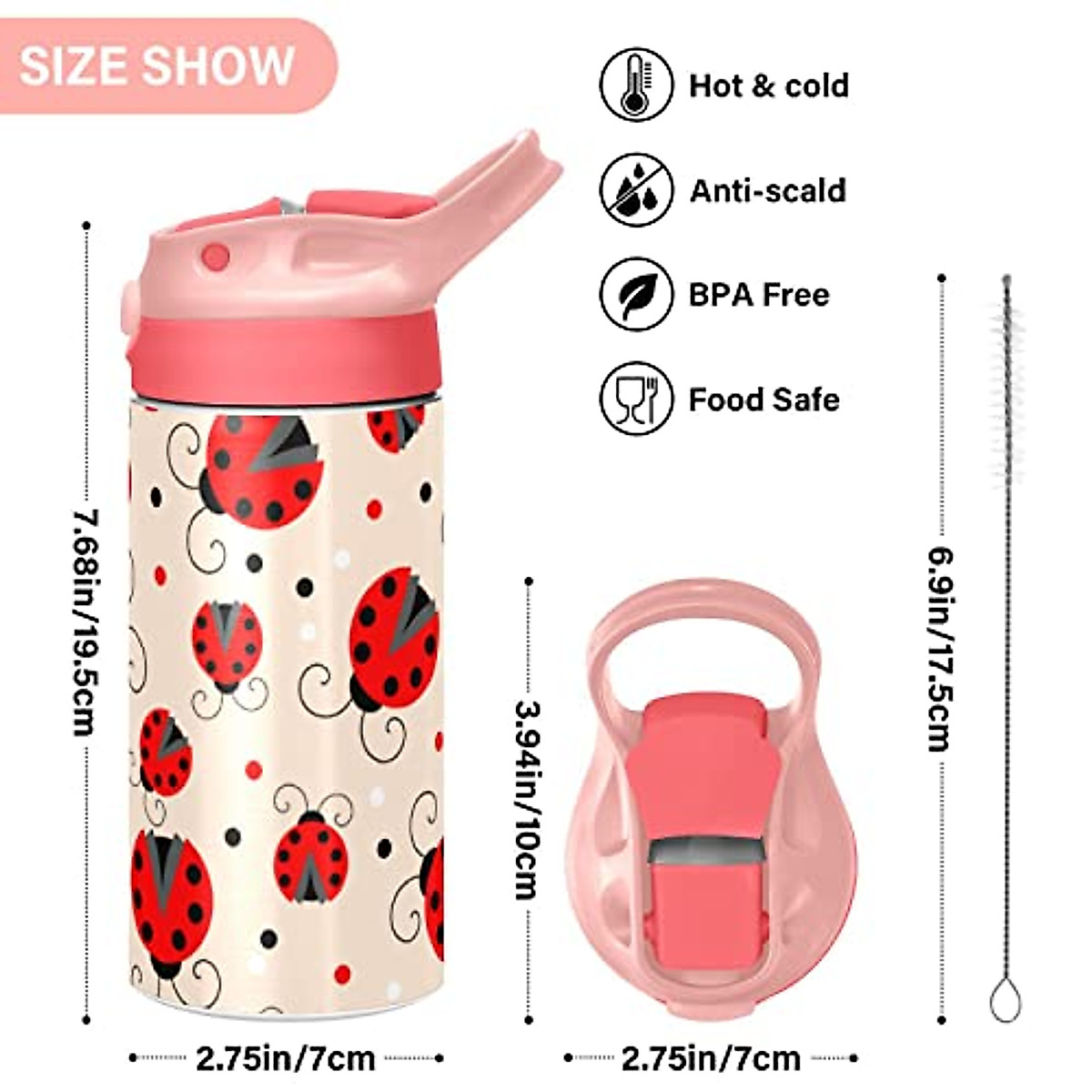 ALAZA Cute Ladybug Polka Dot on Pink Kids Water Bottles with Lids Straw Insulated Stainless Steel Water Bottles Double Walled Leakproof Tumbler Travel Cup for Girls Boys Toddlers 12 oz,Pink