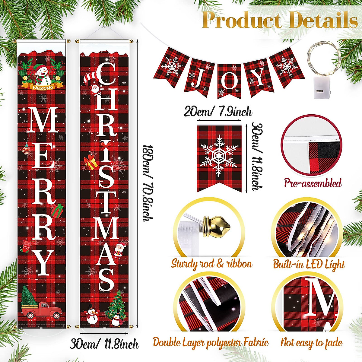 7 Pcs Merry Christmas Banner Lighted Front Porch Sign, Red Black Buffalo Plaid Porch Sign, Joy Merry Christmas Led Lights Door Banner, for Xmas Home Wall Door Yard Hanging Holiday Party Outdoor Decor