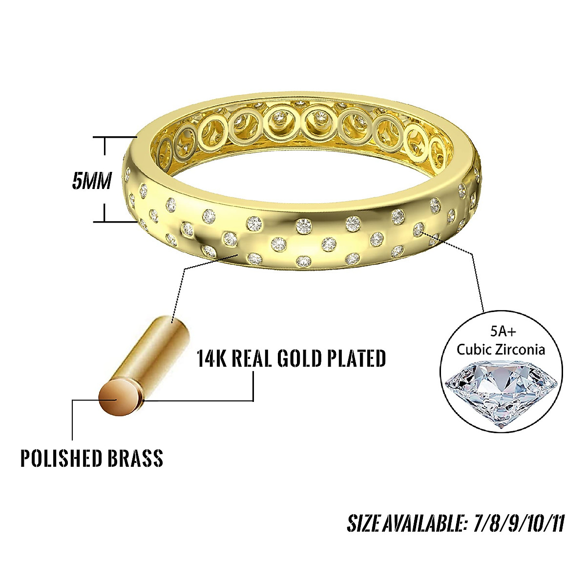 TOPGRILLZ 14K Gold Plated Inlaid Round CZ Diamond Wedding Band Statement Ring for Men and Women (Gold, 10)