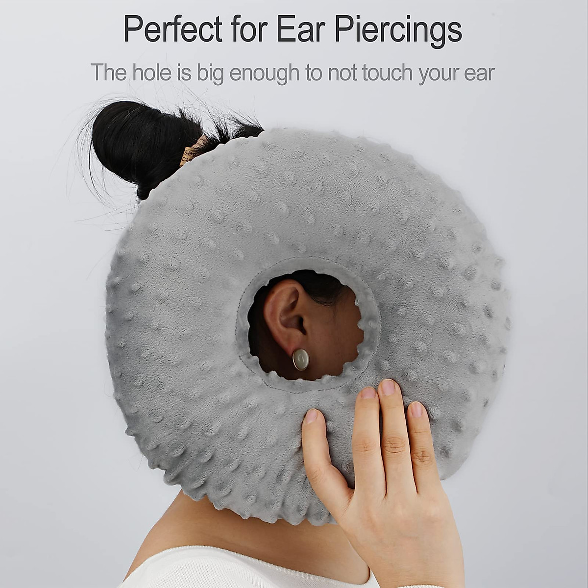 Heal n Hope Ear Piercing Pillow for Side Sleepers with Ear Hole for Ear Pain CNH, Piercing, Pain Relief Side Sleeping Pillow, Pressure Sore, Donut Pillow Ear Guard Minky Dot Light Gray