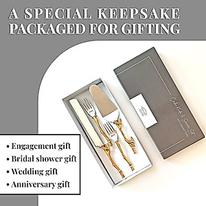 Heartfelt Homie Wedding Cake Knife and Server Set - 4 PC Cake Cutting Set with Gold Twig Leaf Handles - Pie server, Cake knife, Engraved forks for Wedding Cake Cutting - Engagement, Bridal Gifts