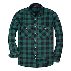 Alimens & Gentle Men's Button Down Regular Fit Long Sleeve Plaid Flannel Casual Shirts - Color: Green, Size: Large