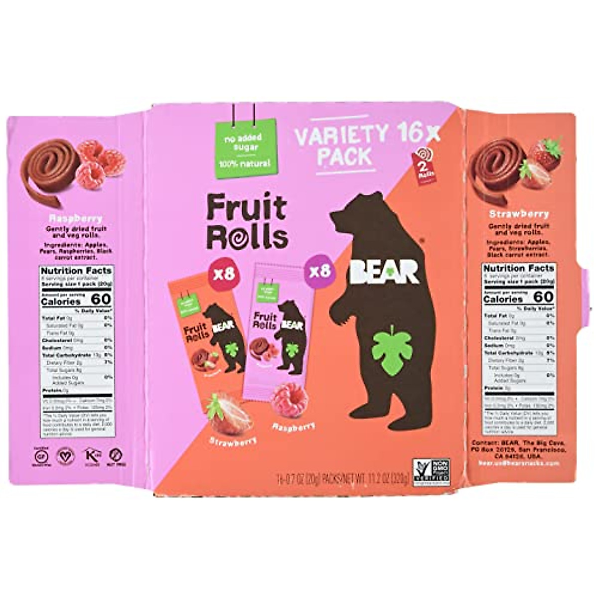 BEAR Real Fruit Rolls - Variety Pack - 16 Count (2 Rolls Per Pack)