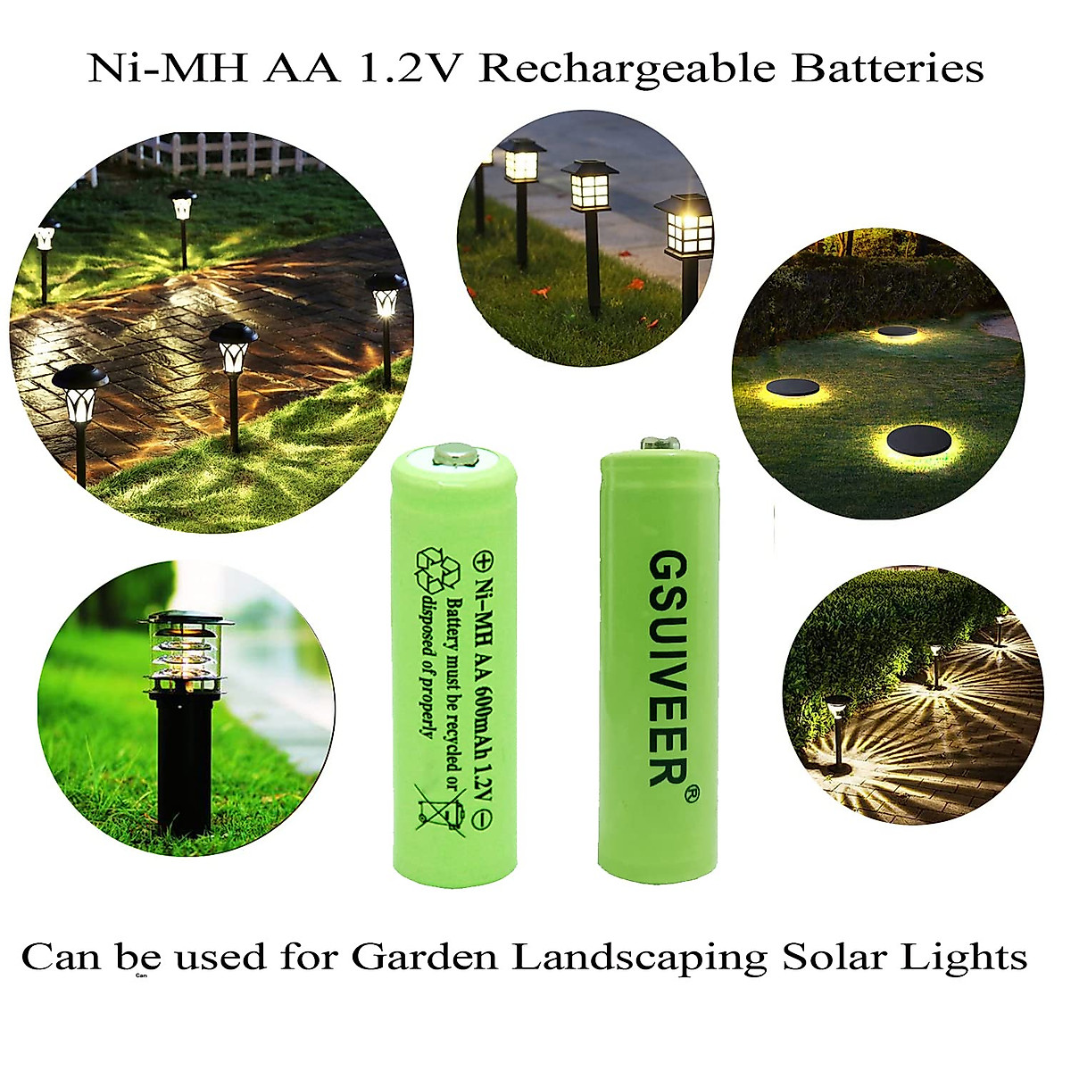 GSUIVEER Solar Light AA Ni-mh 600mAh 1.2V Rechargable Batteries AA Rechargeable Batteries for for Solar Lights (8Pack AA)