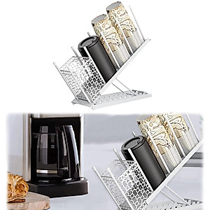 TOWEBOORY Cup and Lid Holder, Adjustable Coffee Cup Holder Organizer, 4 Compartment Cup Dispenser with Straw Storage Basket for Coffee Station Bar Countertop Breakroom Metal,White