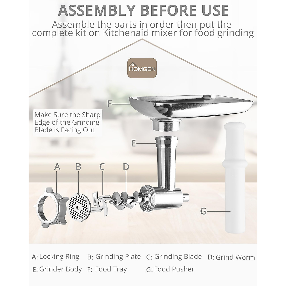 Meat Grinder Attachment for Kitchenaid, HOMGEN Professional Food Meat Grinder Attachment for Kitchenaid Durable Sausage Stuffer for kitchenaid Standmixers With Complete Accessories to Enjoy Cooking