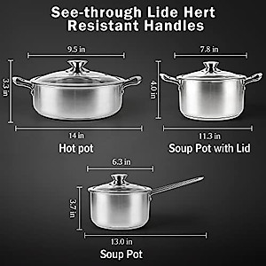 Stainless steel pot set,6 Piece Kitchen Induction Cookware Sets with Glass Lids, Stay Cool Handle, Works with Induction, Electric and Gas Cooktops, Oven Safe，Dishwasher
