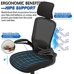 Ergonomic Office Chair, Home Office Desk Chair with Adjustable Headrest & Lumbar Support. High Back Mesh Computer Chair with Thickened Cushion &Flip-up Armrests, Task Executive Chair for Home Office