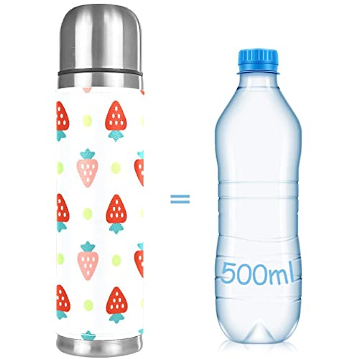 Stainless Steel Leather Vacuum Insulated Mug Strawberry Thermos Water Bottle for Hot and Cold Drinks Kids Adults 16 Oz