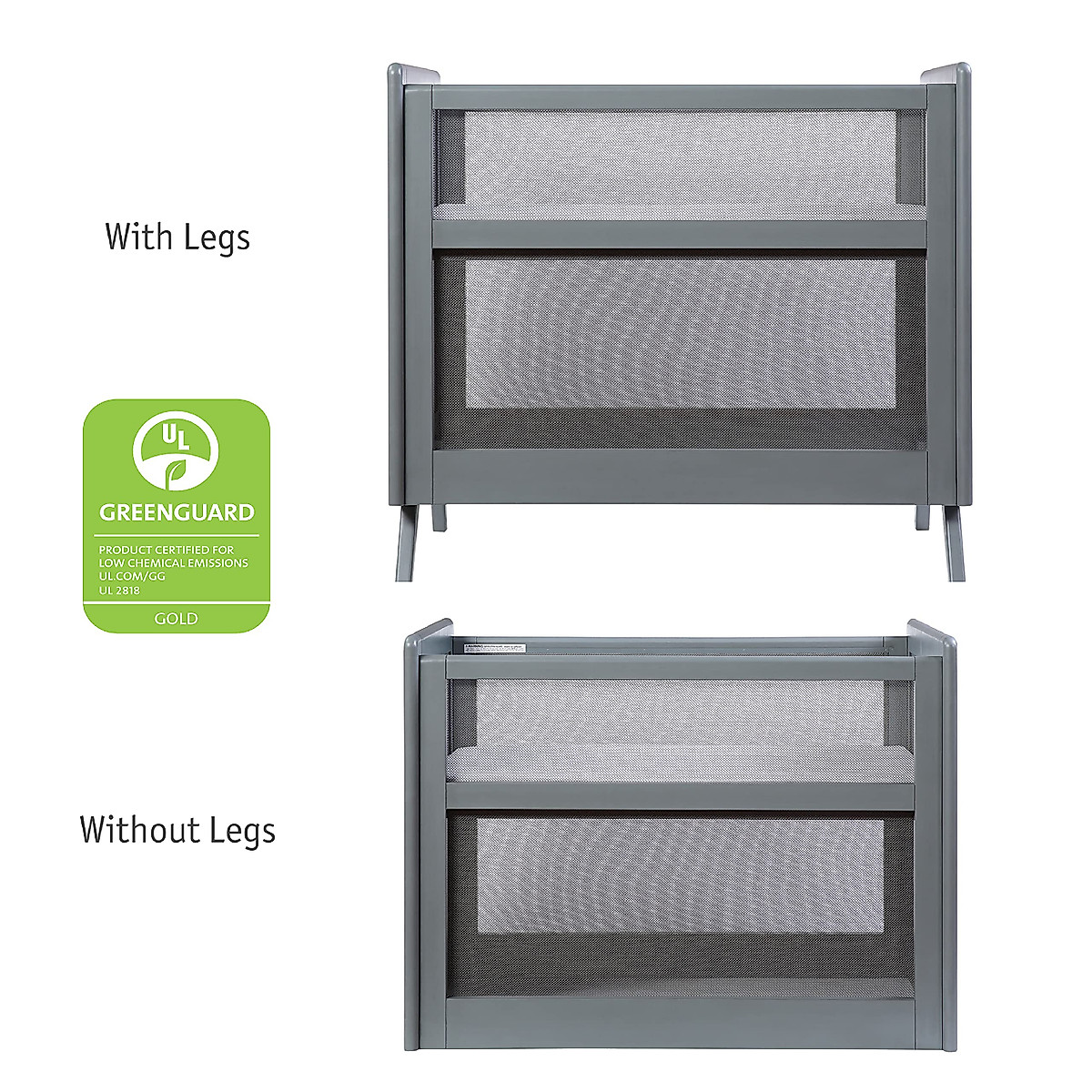 BreathableBaby Breathable Mesh 2-in-1 Mini Crib with Mattress — Gray — Two Adjustable Mattress Heights — Greenguard Gold Certified