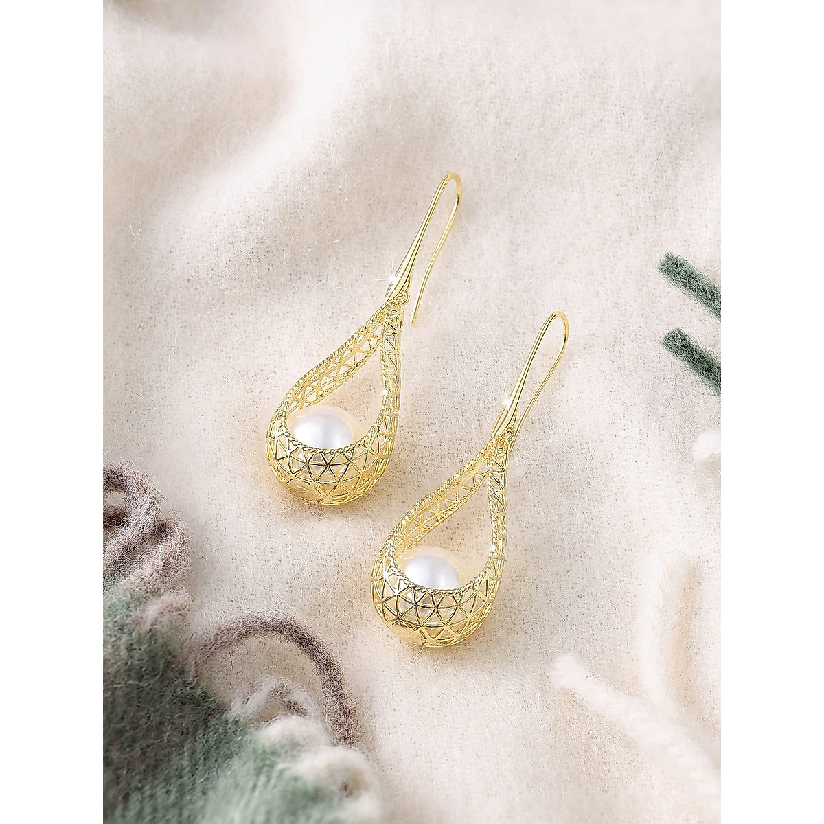 Big White Pearl Dangle Pierced Earrings for Women (White-14K Gold)