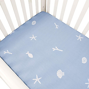 Brandream Boys Nursery Bedding Blue White Beach Theme Baby Crib Bedding Set with Starfish Seashell, 100% Cotton