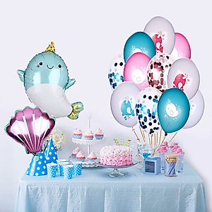 Narwhal Birthday Party Supplies Kit, Narwhal Theme Birthday Decorations Include Narwhal Ballons, Narwhal Theme Cupcake Topper and Blue Birthday Banner Set for Kids Ocean Theme Birthday Party