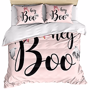 Halloween Duvet Cover Queen Size, Hey Boo Ghost Pink Bow Knot Comforter Cover with Zipper Closure, 3 Piece Bedding Sets 1 Duvet Cover 90x92 Inches and 2 Pillow Shams