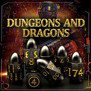 Bullet Dice Set Revolver, DND Dice Metal, ZHOORQI Gun Dice Set D and D Dice Gifts for Dungeons and Dragons, Pathfinder, Warhammer 40k, D&D, or Theme Tabletop Games（7Bullet-Black Gold）