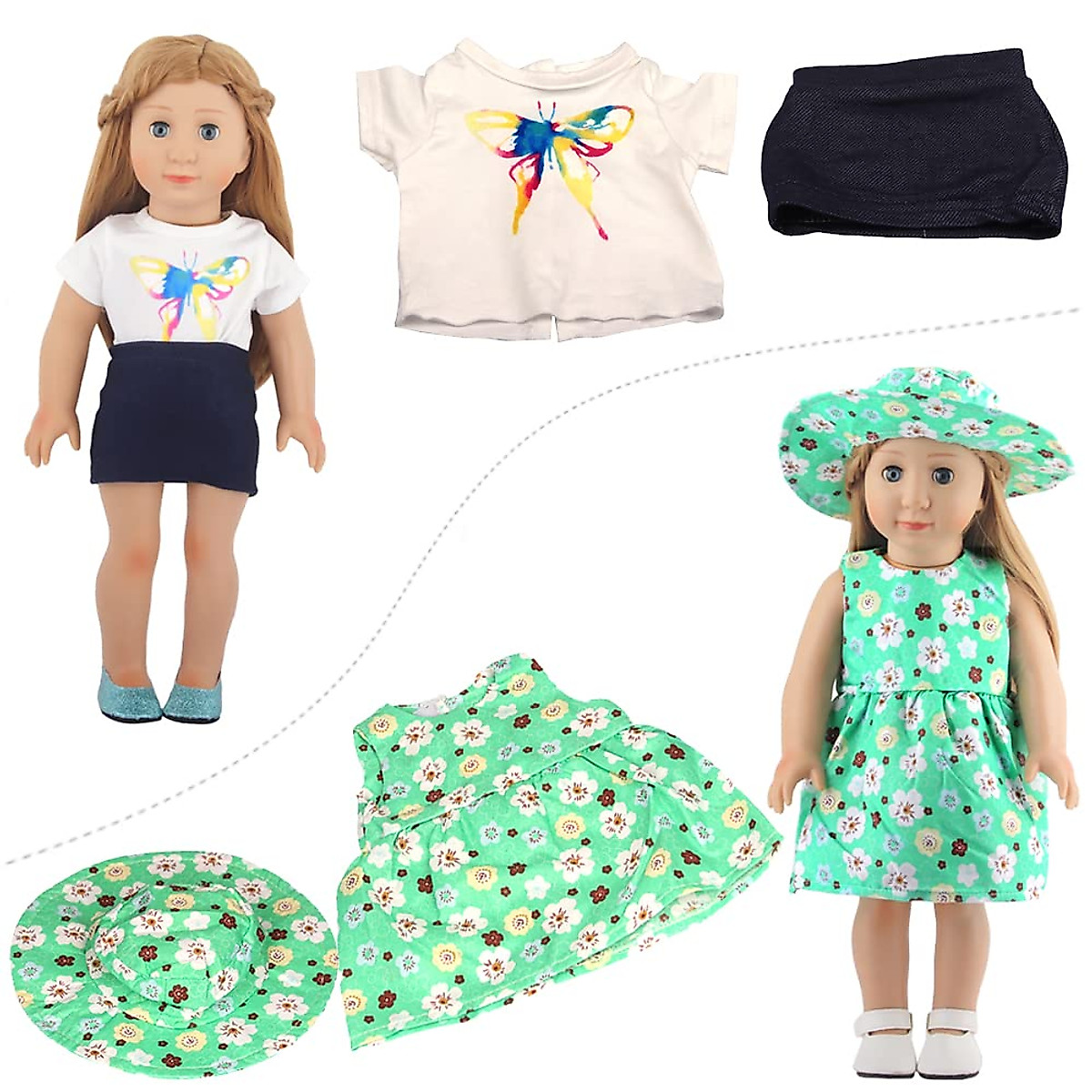 MSYO 16 Pcs 18 Inch Doll Clothes and Accessories, 10 Complete Sets of Doll Outfits, Fashionable Dresses, Frog Pajamas, Doll Pants and Tights, Mini Skirt, Doll Costumes with Hat for Cute Doll Girls