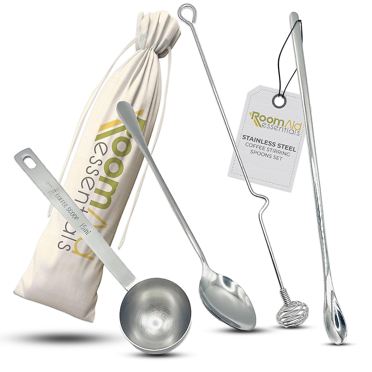 Stainless Steel Coffee Spoons - Beverage Mixing Spoons - Includes Long Iced Tea Stirring Spoon, Small Cocktail Stirrer, Blender Ball Swivel Stick, Coffee Scoop & Bag