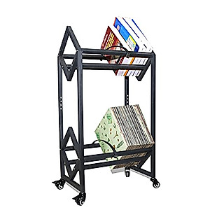 WIMART Record Holder, 2 Tiers Vinyl Record Storage Rack Shelf Holder, Album Display Stand for Home, Office with Sand Black Powder Coated High End Design with Casters Easy to Move, 160-200 LP Storage