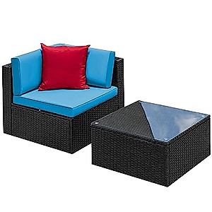 Devoko 2 Piece Patio Furniture Set, All Weather PE Rattan Outdoor Sofa Set Single Sofa with Table for Garden Lawn Poolside (2 Piece, Blue)