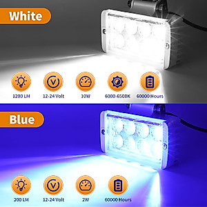 RVZONE Dual Color Led Boat Lights IP67 Waterproof LED Marine Spreader Light Deck/Dock Marine Lights Boat Deck Flood Beam Led Boat Light Bar for Night Fishing (White Housing, White & Blue)