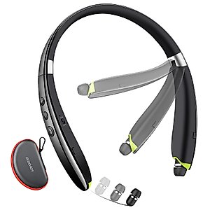 LOVOCOO Bluetooth Headset, [2021 Upgraded] Neckband Bluetooth Headphones with Retractable Earbuds, Noise Cancelling Stereo Wireless Earphones with Mic for Sports Office (with Carry Case)