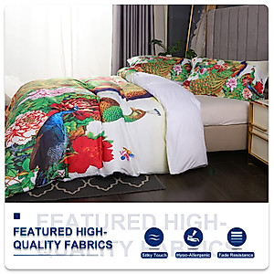 YGNNIU Peacock Duvet Cover Queen Size Floral Pattern Bedding Set Retro Chinese Style Peacock Floral Theme Duvet Cover (1 Duvet Cover and 2 Pillowcases) with Hidden Zipper