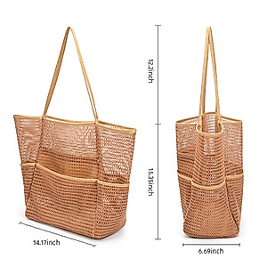 Tainehs Mesh Beach Tote Large Bag Shopping bags Grocery bag 2023 Upgrade for Women with Multiple Pockets for Family Travel Swimming Waterproof Pool Bag Khaki