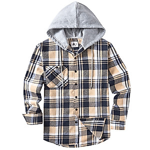 SWISSWELL Mens Flannel Hoodie Shirts Long Sleeve Fashion Plaid Jackets Button Down Shirts Navy Beige L