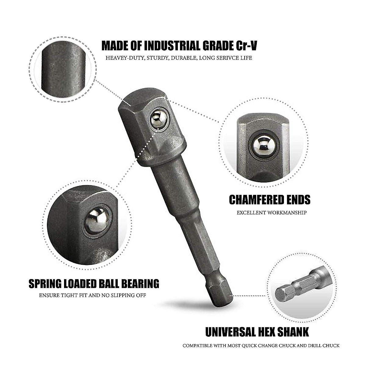 Impact Driver Bit Socket Adapter Set 6PCS Drill Bit Extension Set-1/4” 3/8” 1/2” Hex Shank Impact Socket Adapter Holder 50-73MM Drill Bit Attachments, Drill Tool Accessories-Gray