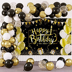 Rubfac Black and Gold Birthday Decorations Happy Birthday Backdrop with 70pcs Black and Gold Balloon Garland Kit Photo Backdrop Background for Birthday Party Decoration Supplies