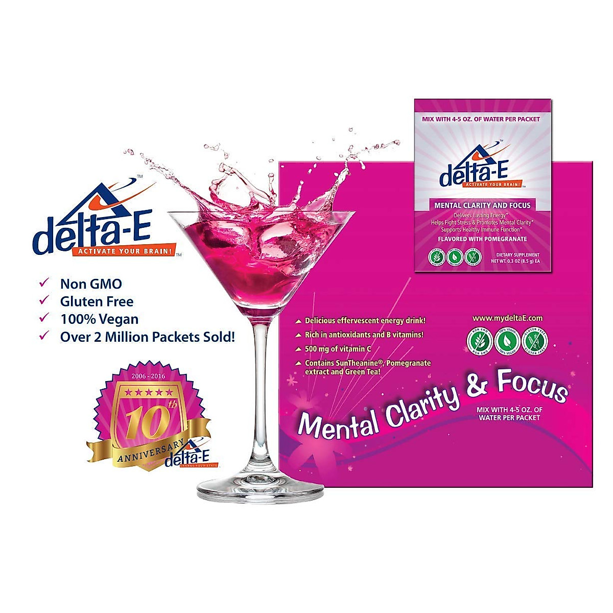 Delta-E Mental Clarity & Focus! Energy Drink Non-GMO, 100% Vegan & Gluten Free (30 Packets)