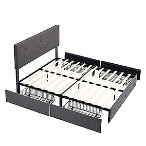 Full Size Linen Upholstered Platform Bed Frame with 4 Storage Drawers and Adjustable Button Headboard, Modern Soft Tufted Bed for Boys Girls Adults, Wooden Slats Support, No Box Spring Needed (Full)