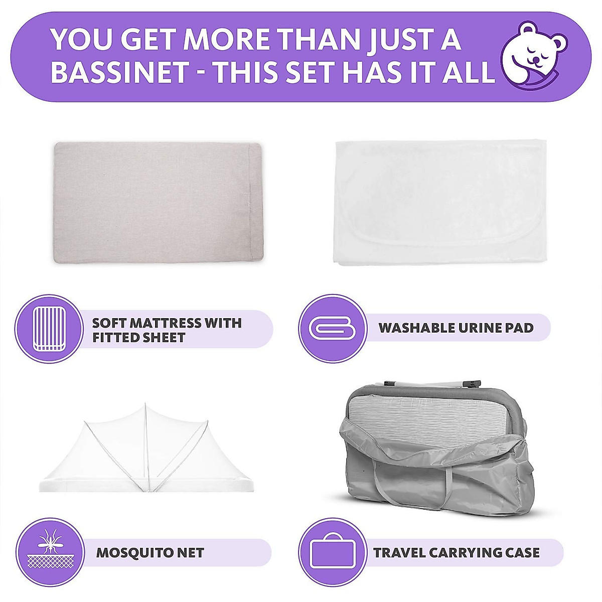 ComfyBumpy Travel Bassinet for Baby - Rocking & Sturdy Cradle - Includes Carry Case, Mosquito Net, Mattress, Sheets, Infant Crib, and Urine Pad - Portable Bed Side Sleeper for Newborn Babies