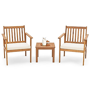 Tangkula 3 Pieces Patio Wood Furniture Set, Acacia Wood Chairs and Coffee Table Set with Soft Cushions, Slatted Design, Outdoor Furniture Set for Porch, Yard, Balcony (White)