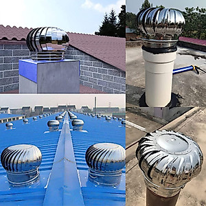 6 Inch Roof Round Wind Turbine Cap Vent Roof Vents Exhaust Hood, 304 Stainless Steel Automatic Rotation by Wind/air Flow Galvanized Bracket Energy Saving for Houses Factory Kitchen Chimney Industrial