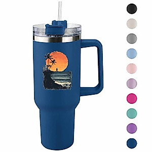 LB LEOBON 40 ounce insulated cup with handle, double-layer vacuum stainless steel material, equipped with straw, can keep warm or maintain cold drinks Neone Poppe Sunset 2 Cowboy Blue
