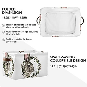 Easter Rabbit Flower Rectangular Storage Basket Storage Bin Collapsible Storage Box with Leather Handles Empty Gift Baskets Organizer for Office, Closet