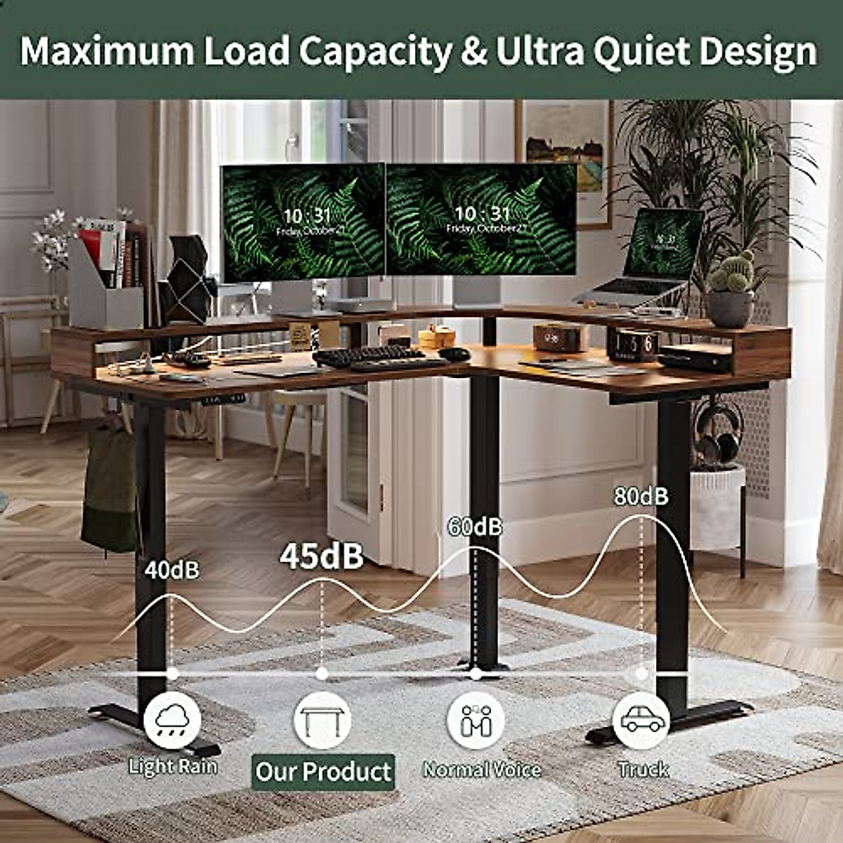 FEZIBO Triple Motor L Shaped Stadning Desk with LED Strip & Power Outrlets，63 inches Height Adjustable Stand up Corner Desk with Ergonomic Monitor Stand, Black Frame/Black Walnut Top