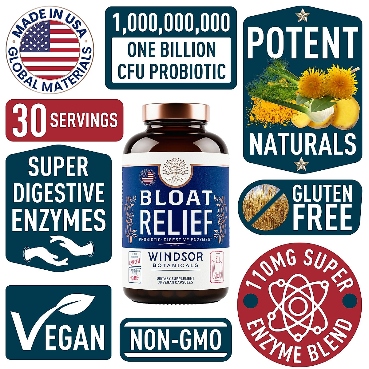 Bloat Relief Probiotic and Digestive Enzymes - Anti Bloating Turmeric, Fennel, Bromelain IBS Supplement - Detox Debloat Capsules Gas - Bloating Relief for Women and Men - 30 Gut Health Pills