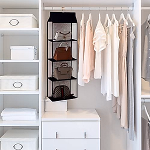 Hanging Handbag Purse Closet Organizer,4 Layers Shelves,Wardrobe Closet Space Saving Organizers System, Storage Bag Purse,Dust Proof Hanging Saving Purse Organizers System (Black).