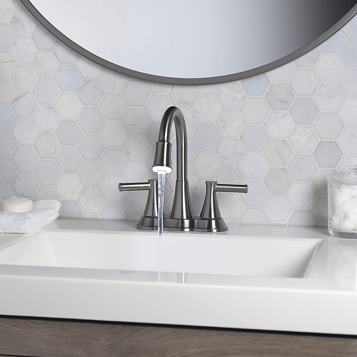 Aqua Vista 22-B42CPL-BN-AV Bathroom Sink Faucet, Two Handle w LED Light Brushed Nickel