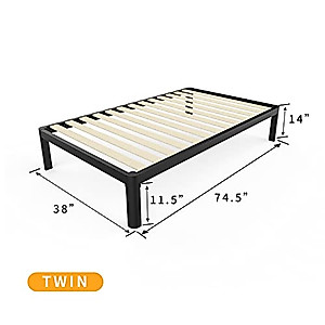 MAF 14 Inch Twin Platform Bed Frames with Wooden Slats, Black 3500 Lbs Heavy Duty Metal Bed Frame with Anti-Collision Round Legs, No Box Spring Needed, Easy Assembly