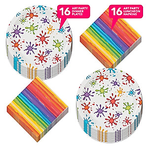 Artist Party Supplies - Art Paint Splatter Paper Dinner Plates and Striped Luncheon Napkins (Serves 16)