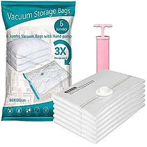 Vacuum Storage Bags (6 Jumbo) with Hand Pump | 40"x32" Vacuum Sealer Bags Clothes | Compression Bags for Travel | Space Saver Vacuum Storage Bags | Blanket Storage Bags | Clothing Storage