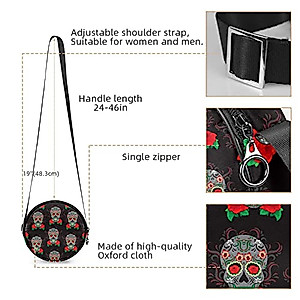 Sugar Skull Rose Crossbody Bag for Women Teen Girls Round Canvas Shoulder Bag Purse Tote Handbag Bag