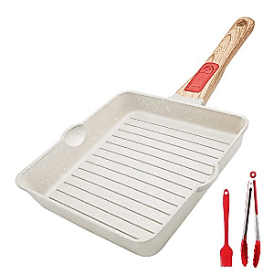 Bobikuke Nonstick Grill Pan, 8 Inch Grill Pan for Stove Tops Steak Pan Square Skillet with Removeable Handle, Oven& Dishwasher Safe, Double Pour Spouts (White)
