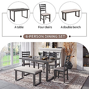 Quarte Wood Dining Table Set, Rrectangle Table and 4 Chairs with Bench, Kitchen Family Furniture Set of 6, Rustic Style